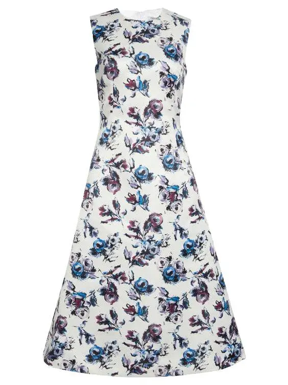 EMILIA WICKSTEAD Rumi Floral Satin Fit & Flare Midi Dress - Floral Purple/blue On Ivory