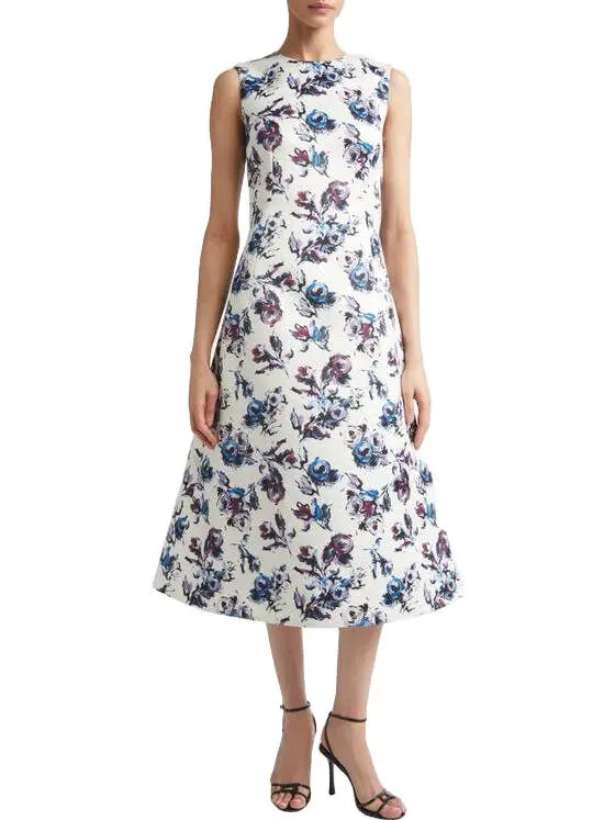 EMILIA WICKSTEAD Rumi Floral Satin Fit & Flare Midi Dress - Floral Purple/blue On Ivory