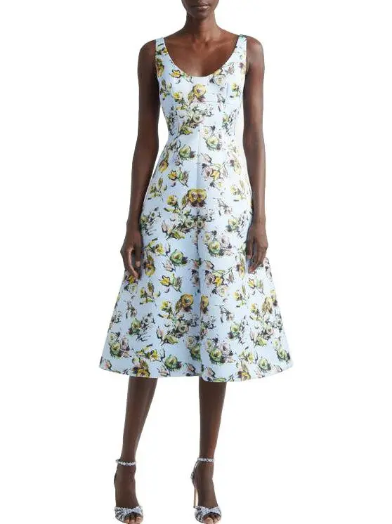 EMILIA WICKSTEAD Abella Floral Fit & Flare Midi Dress - Floral Green/yellow On Blue