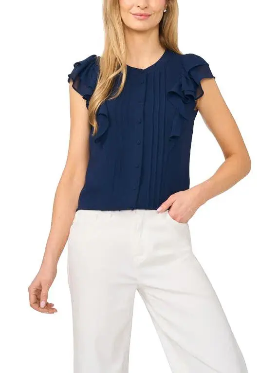 CECE DUPRAZ Ruffle Sleeve Pintuck Top - Classic Navy