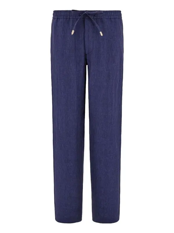 Canali Regular Fit Linen Drawstring Pants - Blue