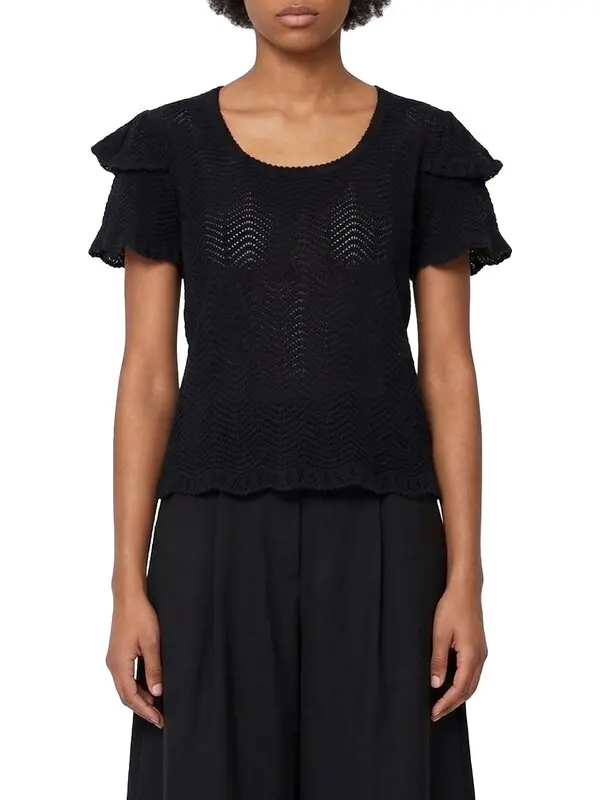 TWINSET Perforated Cotton Knit Top - Black