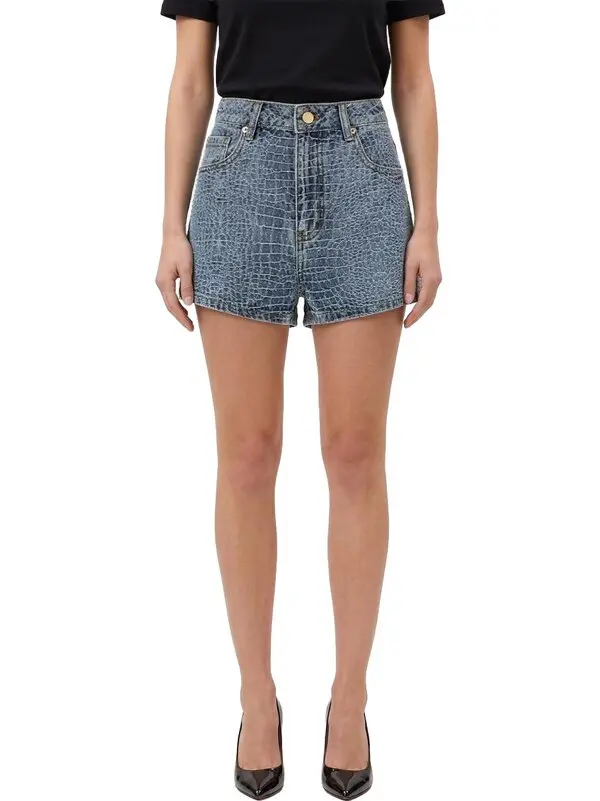 SELF-PORTRAIT Crocodile Print Denim Shorts - Blue