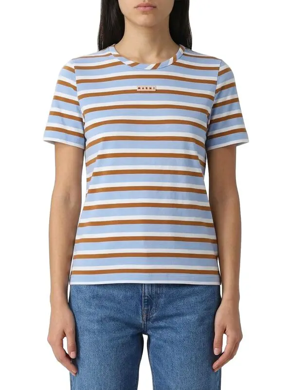 Marni Striped Cotton T-shirt With Logo Detail - Blue