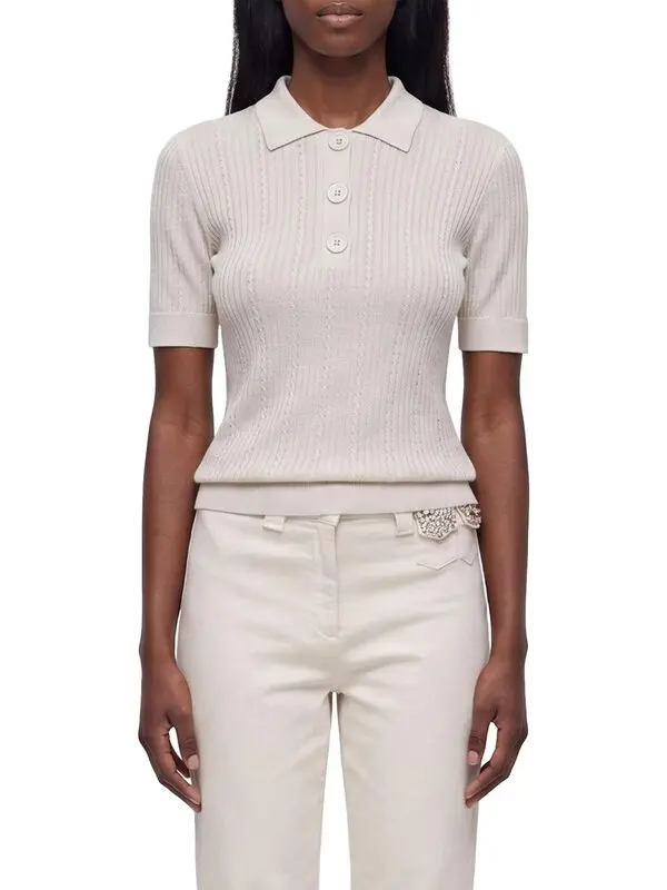 Liu Jo Ribbed Knit Polo Shirt With Metallic Fiber - Beige