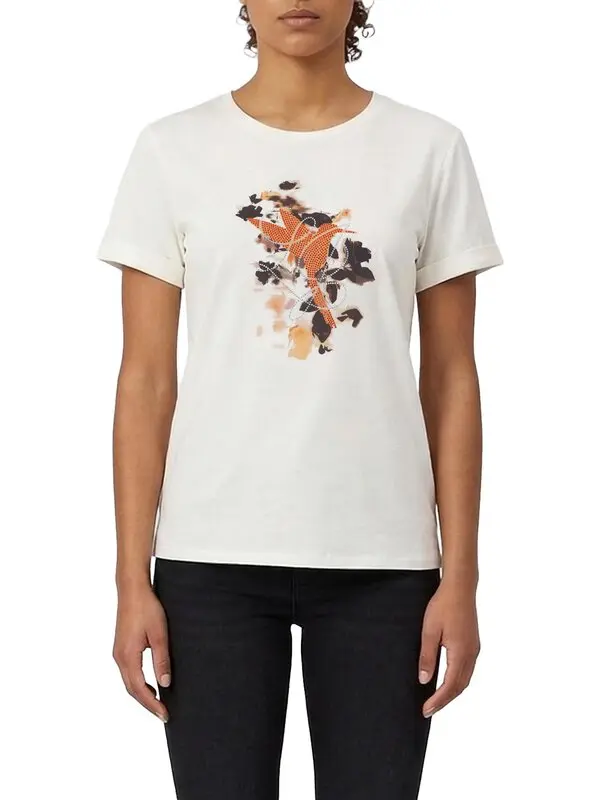 Liu Jo Cotton T-shirt With Rhinestone Logo And Floral Embroidery - Milk