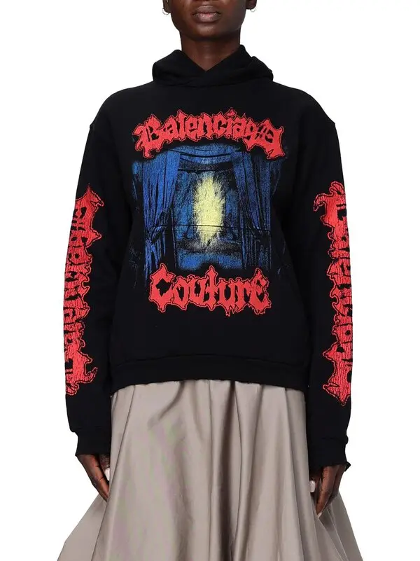 Balenciaga Printed Cotton Hoodie - Black