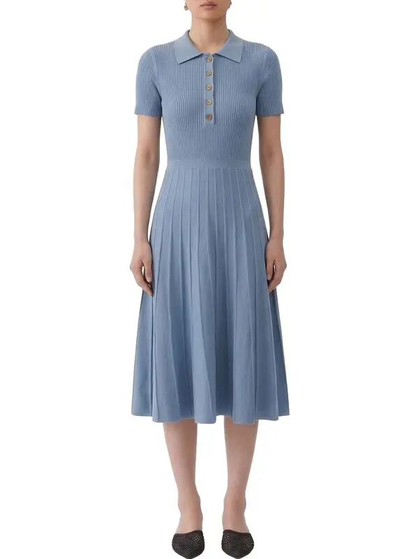 Michael Kors Ribbed Knit Pleated Midi Dress - Blue