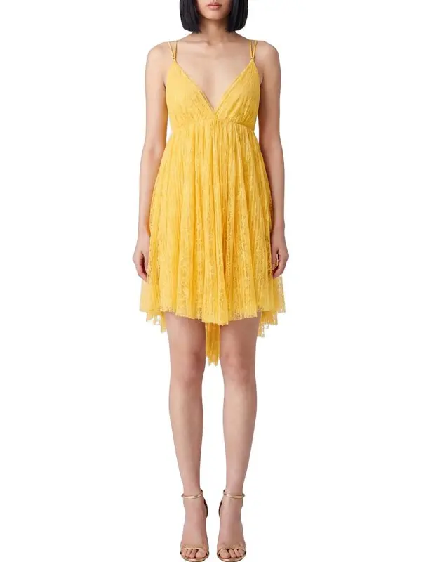 Elisabetta Franchi Lace Mini Dress With Criss-cross Straps And Asymmetrical Hem - Yellow