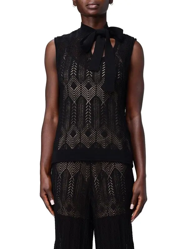 Liu Jo Sleeveless Cotton Blend Knit Top With Pussybow Collar - Black