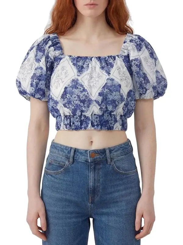 TWINSET Cropped Ramie Top With Floral Print - Blue