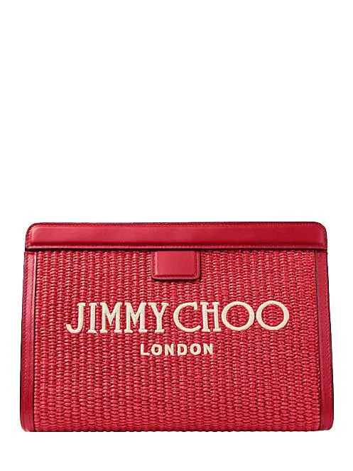 JIMMY CHOO Embroidered-logo Raffia And Leather Pouch - Ruby Red/light Gold