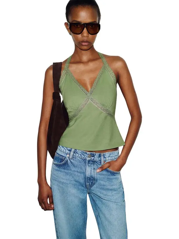 REFORMATION Monica Lace Trim Top - Green