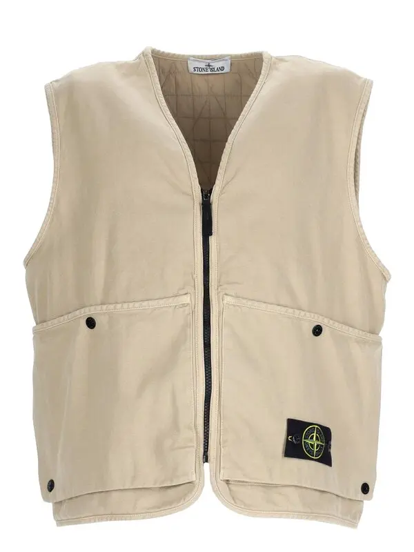 Stone Island Oversize Gilet With Logo Patch - Beige