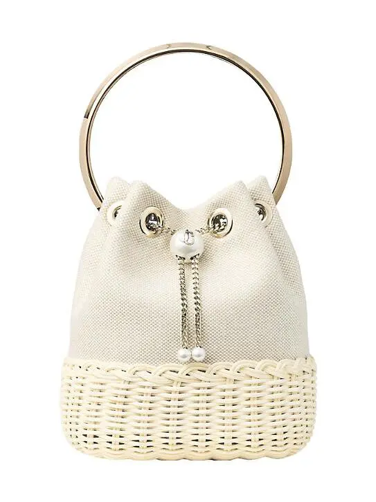 JIMMY CHOO Canvas And Wicker Top-handle Bag - Almond Mix/natural