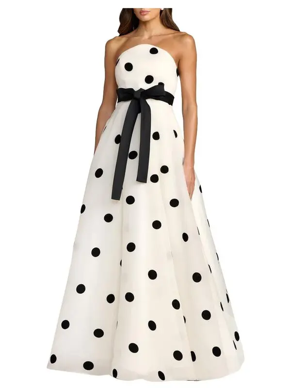 Mac Duggal Strapless Polka Dot Organza Ball Gown With Bow - Black Ivory