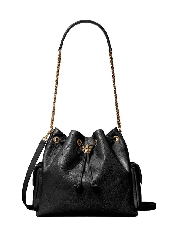 Tory Burch Charlie Quilted Leather Drawstring Shoulder Bag - Black