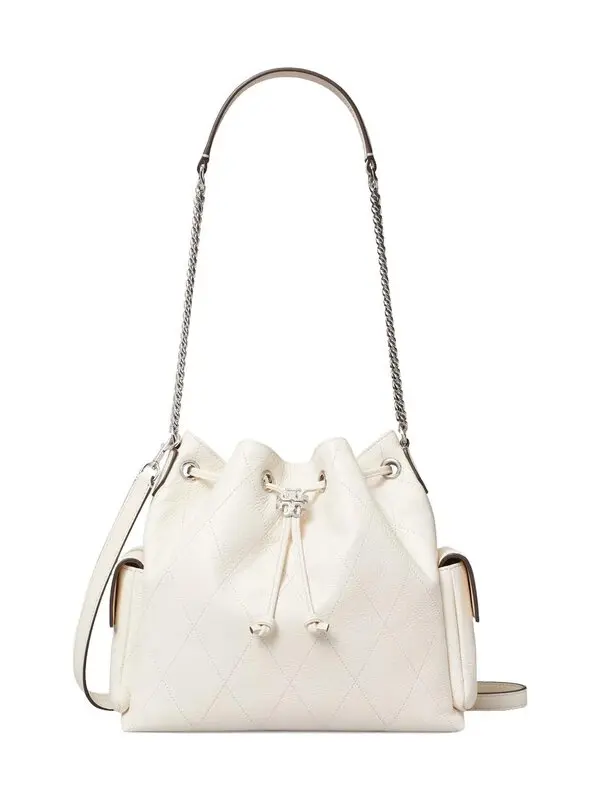 Tory Burch Charlie Quilted Leather Drawstring Shoulder Bag - Light Cream