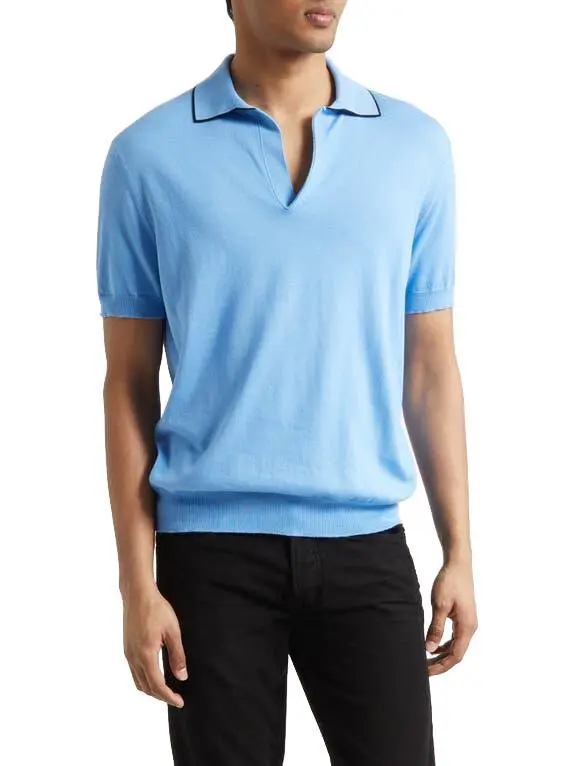 TOM FORD Tipped Silk & Cotton Polo Sweater - Azure Blue