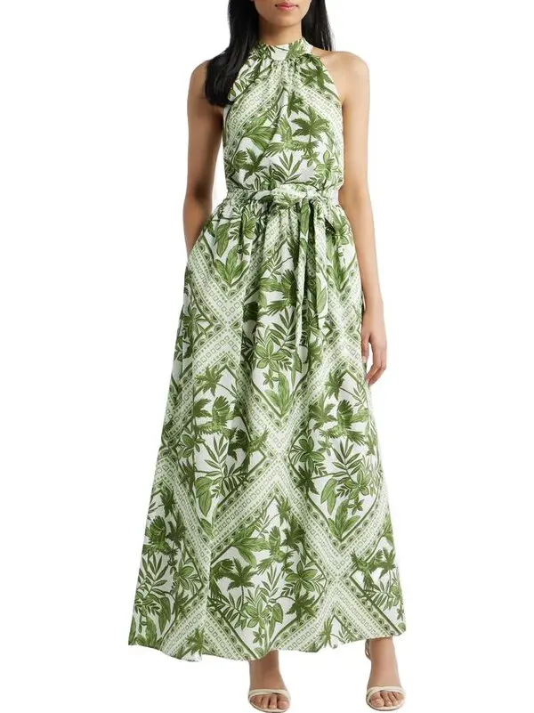 Julia Jordan Sleeveless Maxi Dress With Tie Belt - Green Multi