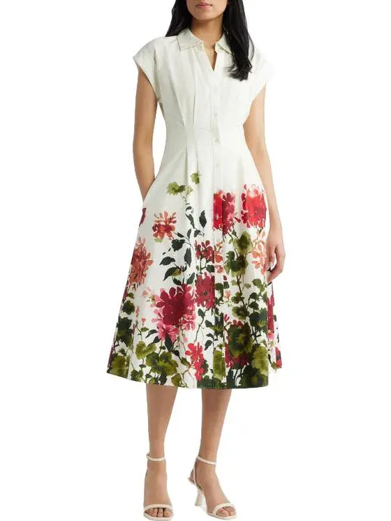 Julia Jordan Floral Placement Pleated Stretch Cotton Midi Shirtdress - Ivory Multi