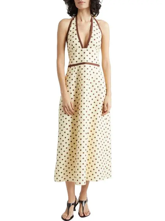 Posse Polka Dot Plunge Halter Midi Dress - Vanilla/chocolate