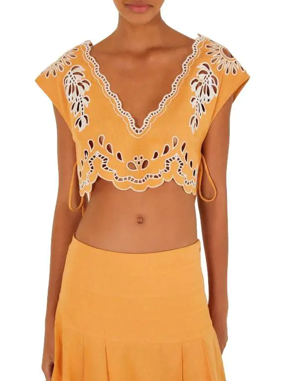 Farm Rio Embroidered Eyelet Crop Top - Banana Tree Camel