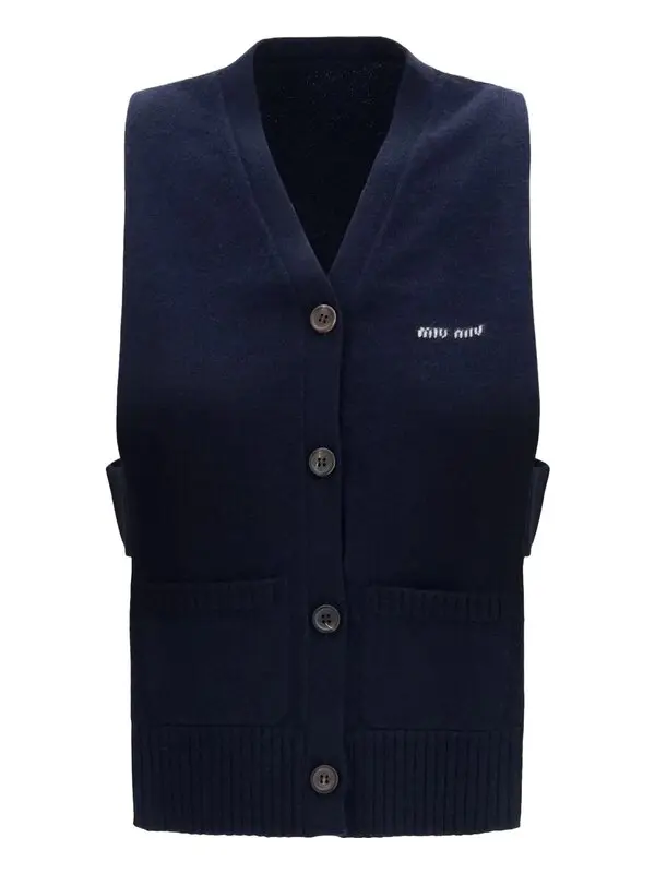 Miu Miu Cashmere Cardigan With Logo - Blue