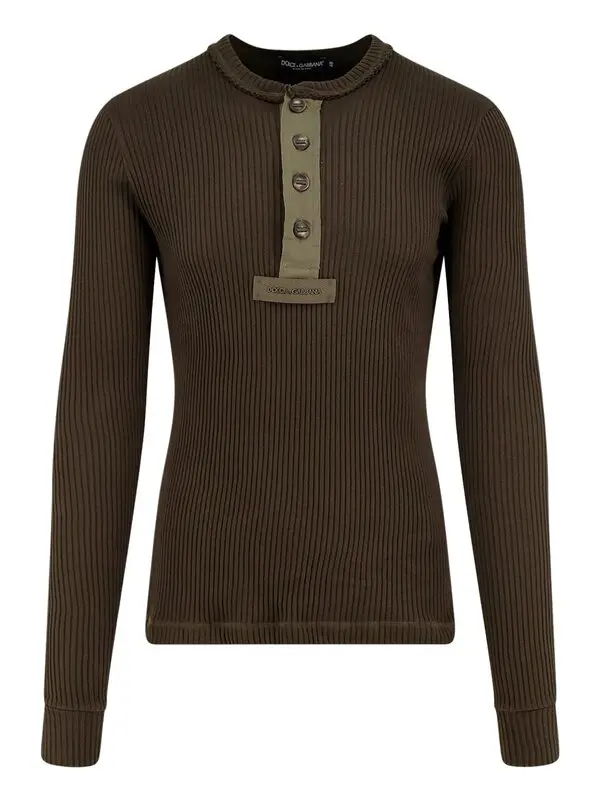 Dolce & Gabbana Ribbed Cotton Sweater With Metal Logo - Green