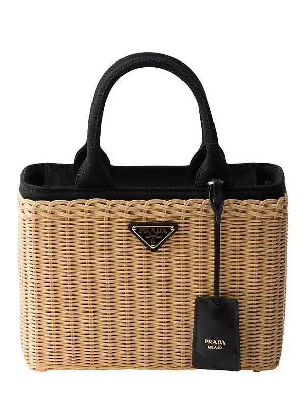 Prada Medium Wicker And Canvas Tote Bag - Neutral And Black