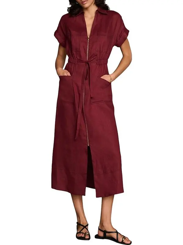 Mint Velvet Linen Midi Shirt Dress - Burgundy