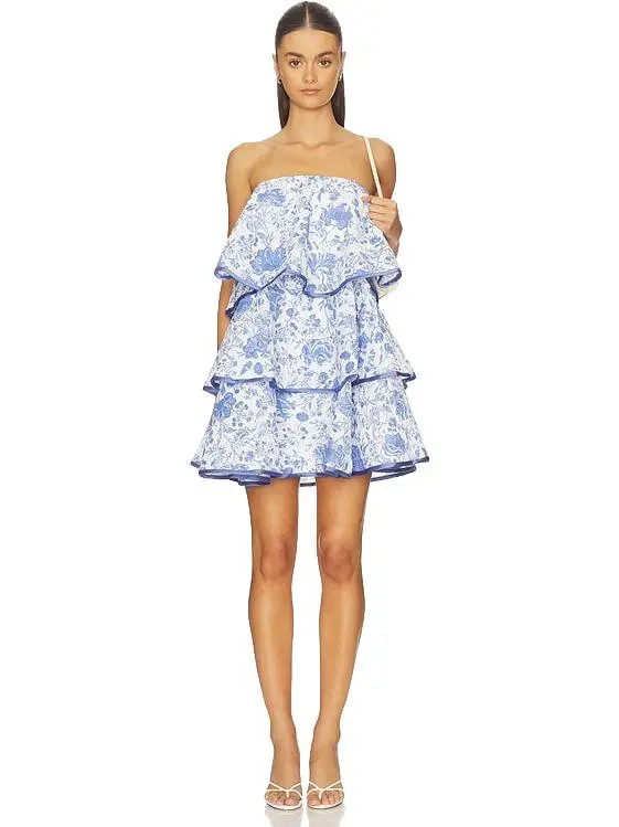 ELLIATT Elin Strapless Frilled Mini Dress - White & Blue