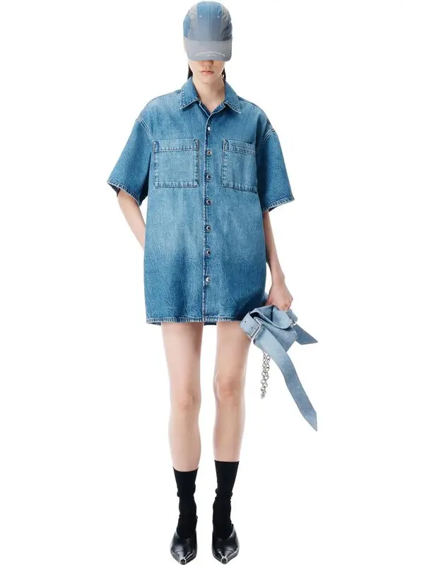 Alexander Wang Boxy Denim Shirt Dress - Vintage Marbled Blue