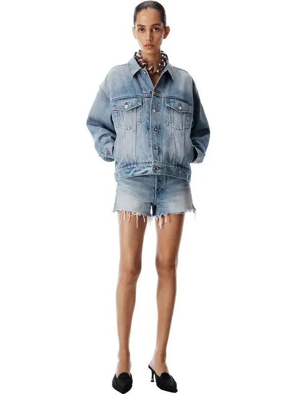 Alexander Wang Distressed Logo Denim Game Jacket - Authentic Light Indigo