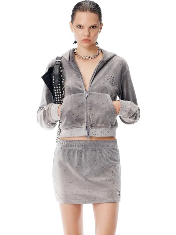 Alexander Wang Shrunken Hotfix Crystal Velour Hoodie - Titanium