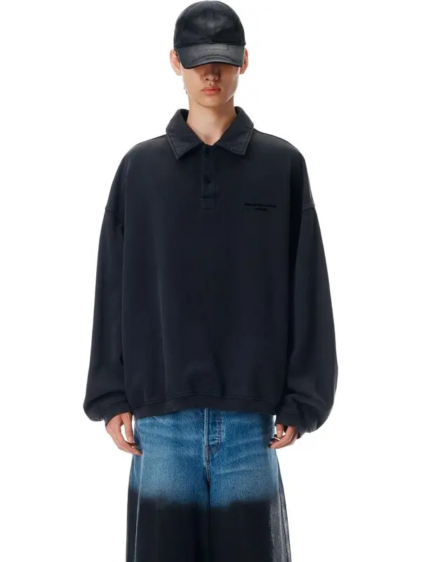 Alexander Wang Long Sleeve Polo In Cotton Oversized - Washed Black