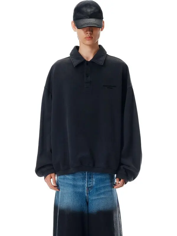 Alexander Wang Long Sleeve Polo In Cotton Oversized - Washed Black