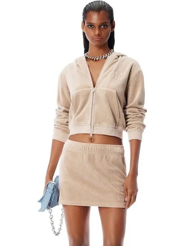 Alexander Wang Shrunken Crystal Hotfix Velour Hoodie - Warm Taupe