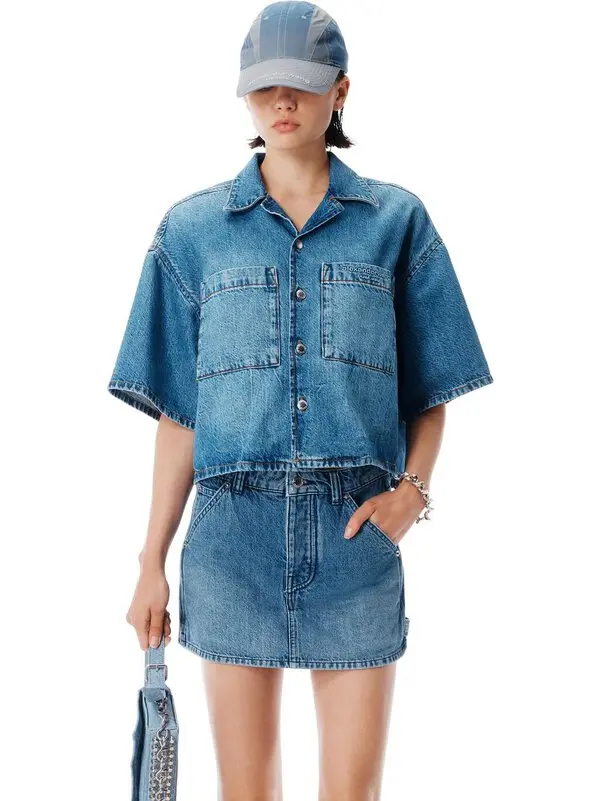 Alexander Wang Cropped Denim Shirt - Vintage Marbled Blue