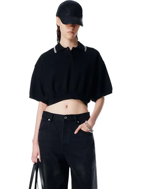 Alexander Wang Cropped Cinched Cotton Polo - Black