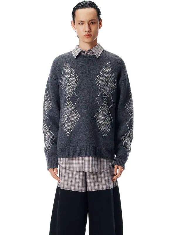 Alexander Wang Studded Argyle Crewneck Pullover - Dark Grey Melange