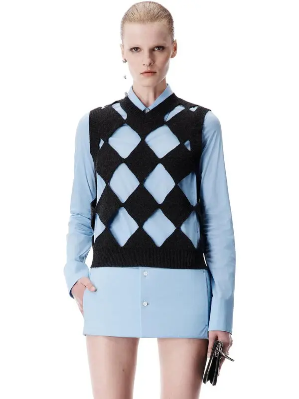 Alexander Wang Slashed Argyle V-neck Vest - Charcoal
