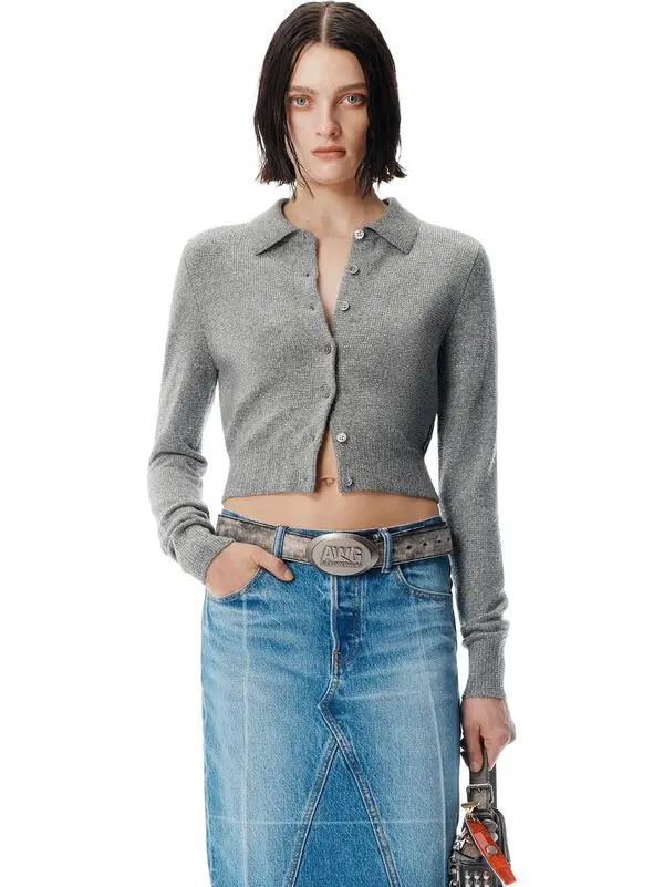 Alexander Wang Wool-blend Hotfix Polo Cardigan - Heather Grey