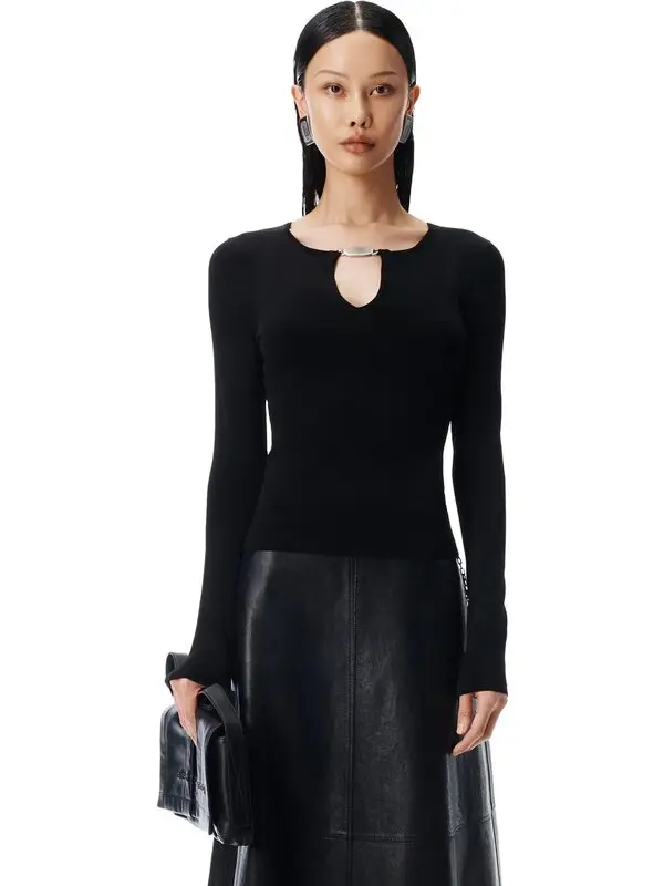 Alexander Wang V-neck Matte Jersey Pullover With Metal Logo - Black