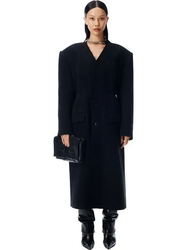 Alexander Wang Collarless Coat In Double Tweed Wool - Black/charcoal