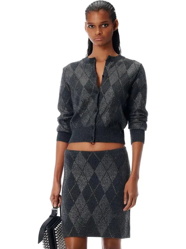 Alexander Wang Crystal Hotfix Wool-blend Argyle Cardigan - Graphite