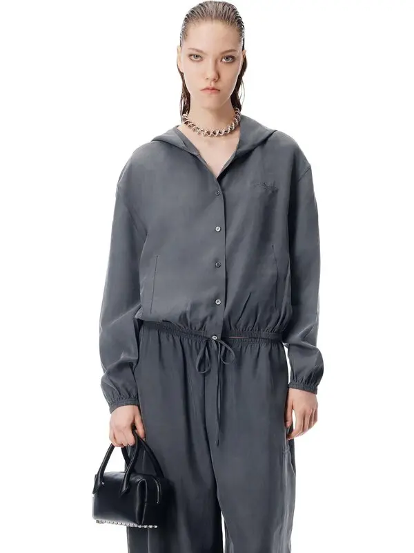 Alexander Wang Cropped Silk Hoodie - Thunder Grey