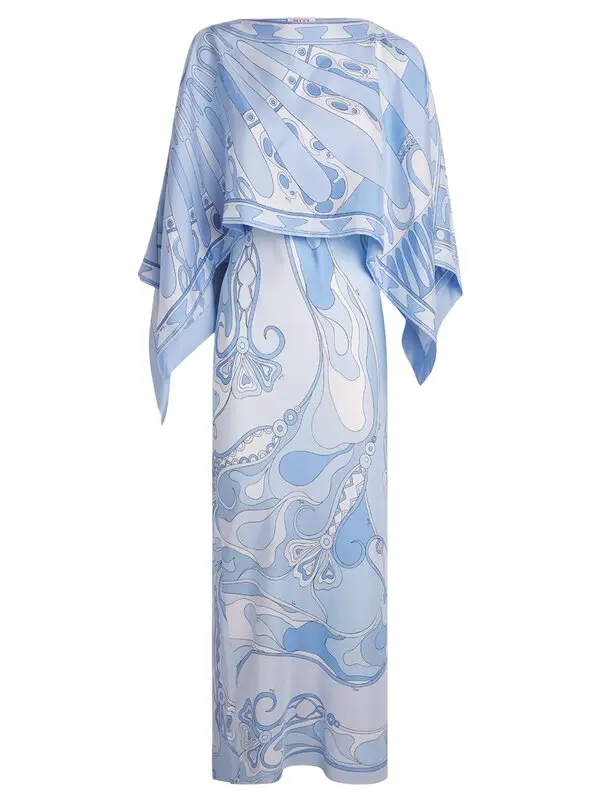 Emilio Pucci Silk Orchidee Cape Maxi Dress - Blue