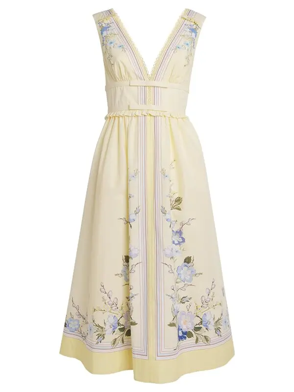 SELF-PORTRAIT Cotton Floral V-neck Midi Dress - Yellow