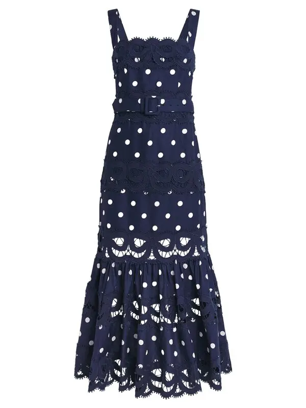 SELF-PORTRAIT Linen-cotton Polka Dot Midi Dress - Navy